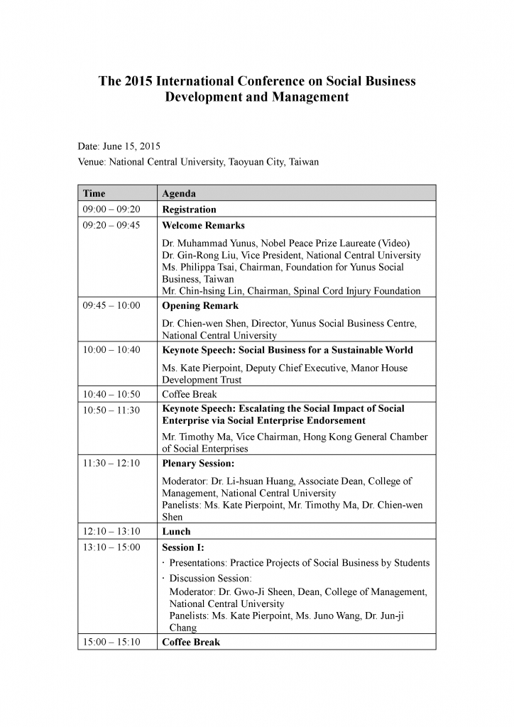 Preliminary Conference Program Page 1 中央大學尤努斯社會企業中心 Yunus Social